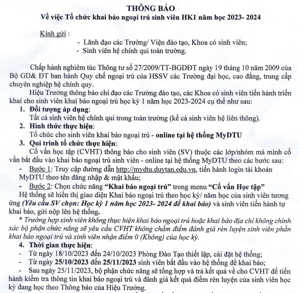 Thông báo về việc Tổ chức khai báo ngoại trú sinh viên HKI năm học 2023-2024 - Thông báo